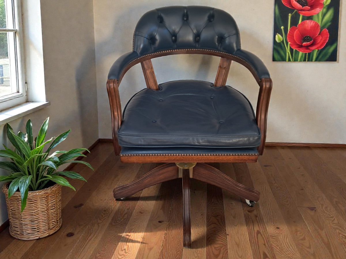 Antique Captains Chair Chesterfield Style Blue Leather Swivel & Tilt D ...