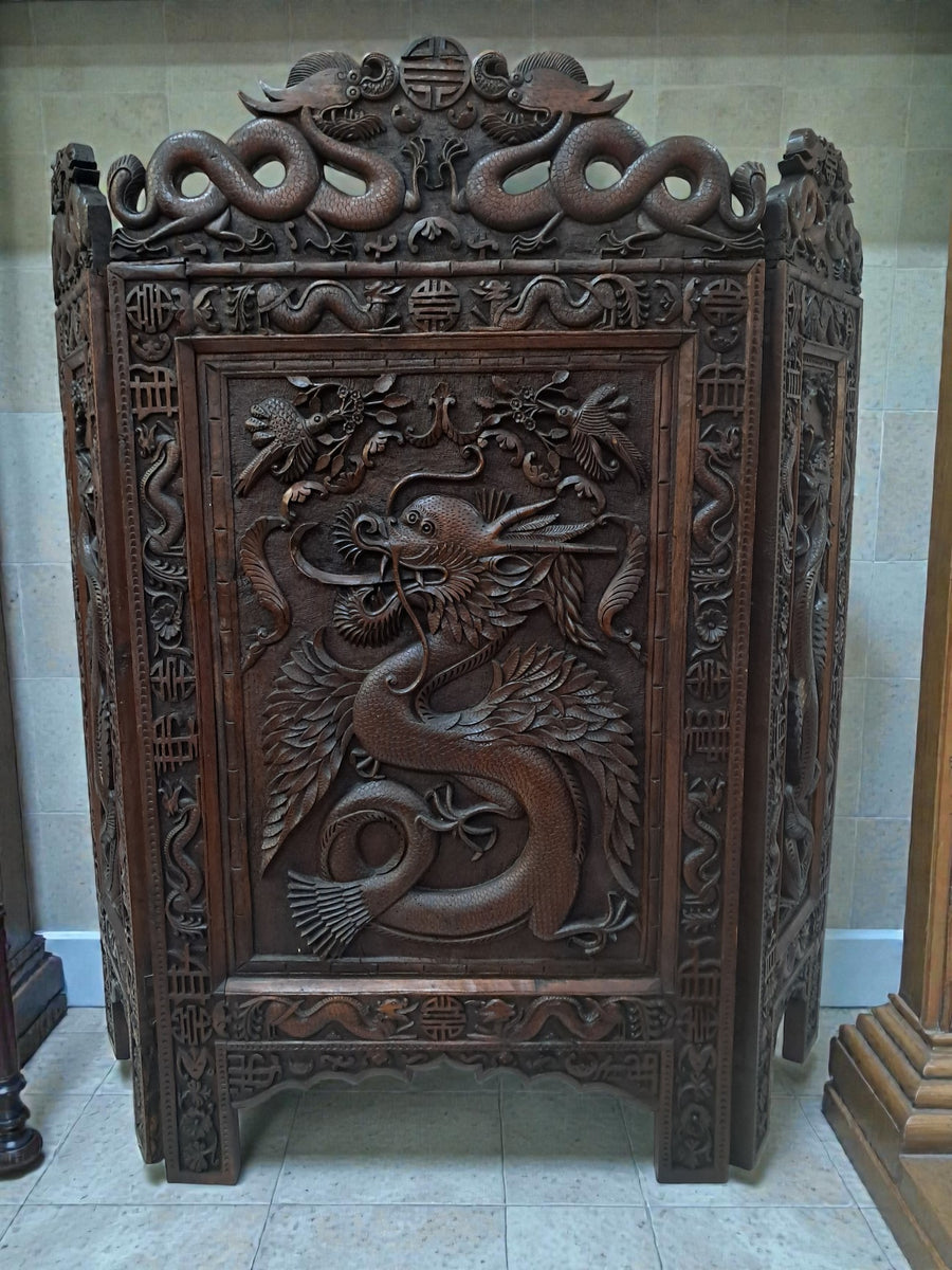 Antique Chinese Hardwood Fire Screen / Fire Guard – Hand-Carved Dragon ...