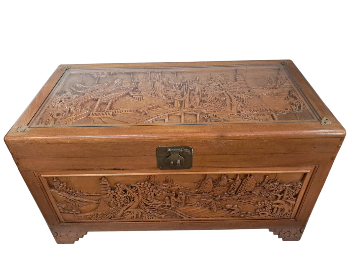 Antique LARGE Camphor Wood Trunk Asian Oriental Carved Chest / Trunk ...